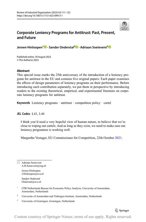 Pdf Corporate Leniency Programs For Antitrust Past Present And Future