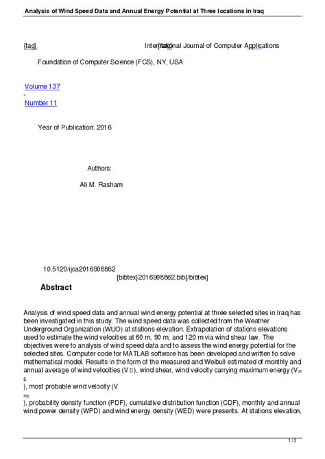 Pdf Analysis Of Wind Speed Data And Annual Energy Potential At Three
