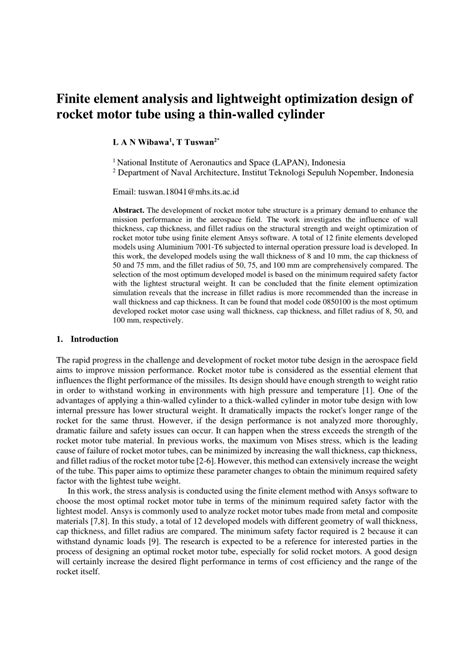 Pdf Finite Element Analysis And Lightweight Optimization Design Of Rocket Motor Tube Using A