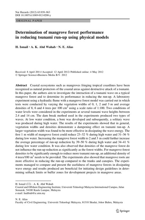 Pdf Determination Of Mangrove Forest Performance In Reducing Tsunami Run Up Using Physical Models