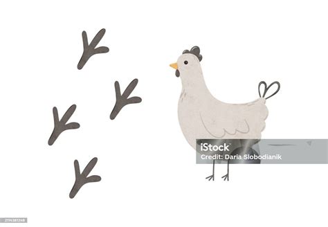 만화 국내 닭과 발자국의 세트 디지털 손으로 그린 농장 새 그림 섬유 디자인 포스터 엽서 고립된 배경에 인쇄하기 위한 만화 스타일의 문자 그리기 0명에 대한 스톡 벡터 아트