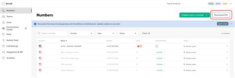 exporting data from the users teams and numbers pages aircall