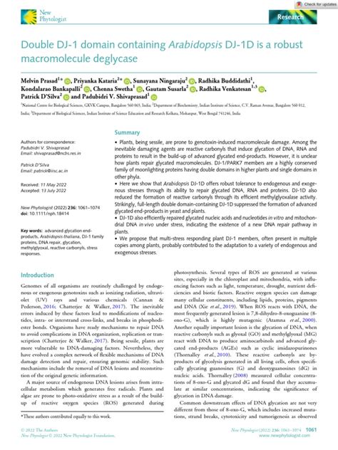 New Phytologist 2022 Prasad Double Dj 1 Domain Containing Arabidopsis Dj 1d Is A Robust