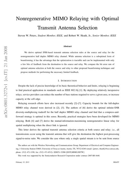 Pdf Nonregenerative Mimo Relaying With Optimal Transmit Antenna Selection