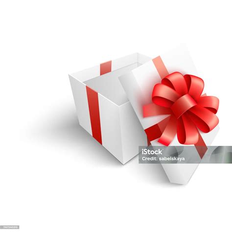 축 디자인을 위한 흰색 배경에 고립 된 사실적인 3d 스타일의 빨간 리본과 활과 흰색 선물 상자 빈 오픈 선물 패키지의 벡터 일러스트입니다 3차원 형태에 대한 스톡 벡터
