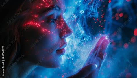 Beautiful Babe Woman Touching Hologram Screen While Standing In Server Room Concept Of Humans