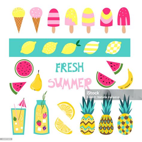 화려한 벡터 클립 아트의 신선한 여름 믹스 아이스크림 레몬 레모네이드 수박 파인애플 바나나 배 손으로 그린 글자 평평한 과일 흰색 배경에서 격리된 벡터 그림입니다 0명에