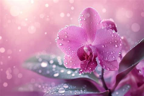 Beautiful Pink Orchid With Water Drops On Bokeh Background Stock
