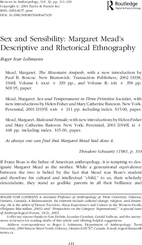Sex And Sensibility Margaret Meads Descriptive And Rhetorical