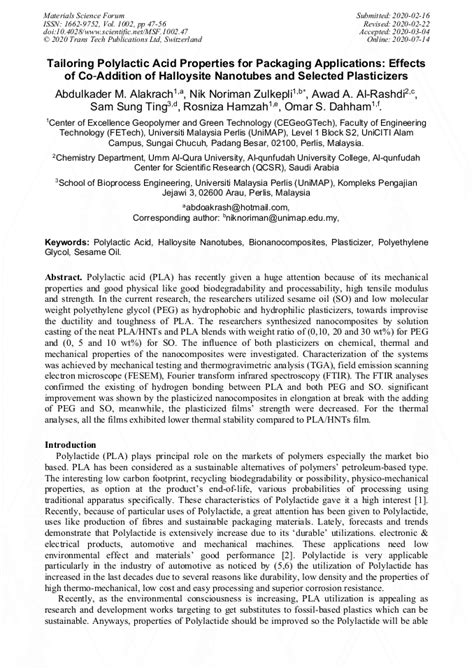 Tailoring Polylactic Acid Properties For Packaging Applications Effects Of Co‐addition Of