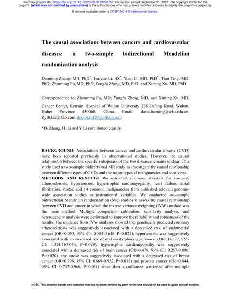 Pdf The Causal Associations Between Cancers And Cardiovascular Diseases A Two Sample