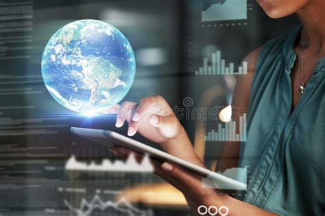 Tablet Hands And Globe Hologram With Analytics Graph And Future Technology With Digital