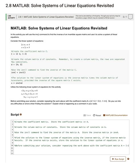 A 28 Matlab Solve Systems Of Linear Equations Revisited Lab Activity