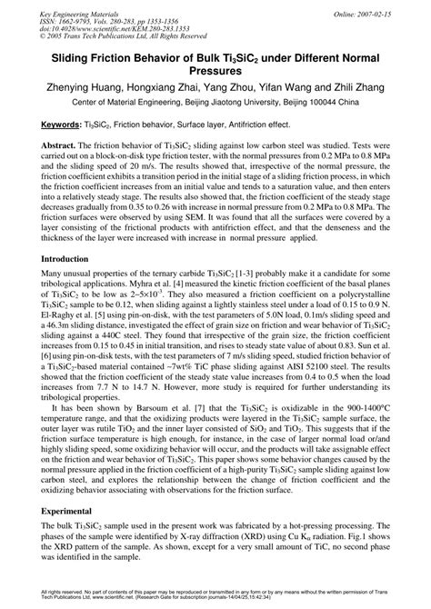 Sliding Friction Behavior Of Bulk Ti3sic2 Under Difference Normal Pressures Request Pdf