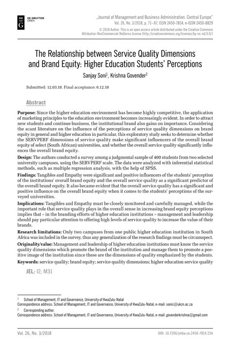 (PDF) The Relationship between Service Quality Dimensions and Brand Equity: Higher Education ...