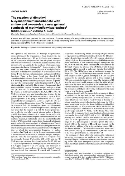 Pdf Cheminform Abstract The Reaction Of Dimethyl N Cyanodithioiminocarbonate With Amino And