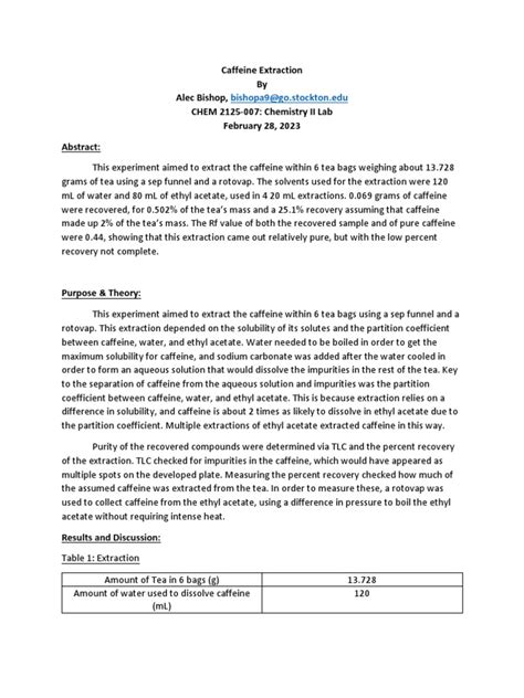 Caffeine Extraction Lab Report Alec Bishop Chem 2 Pdf Solubility Thin Layer Chromatography