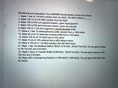 SOLVED Problem And Calculation Your Answer Should Always Make A Liter Of The Solvent MNaCl