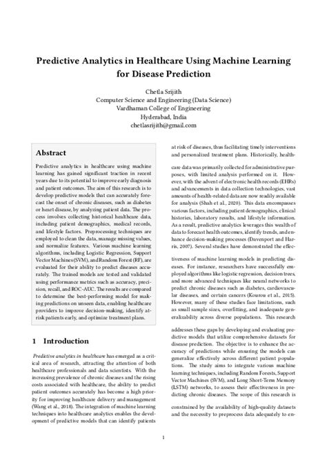 pdf predictive analytics in healthcare using machine learning for
