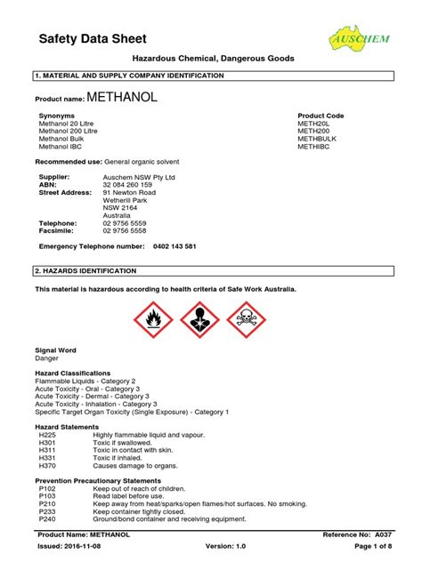 Methanol Msds Pdf Dangerous Goods Toxicity