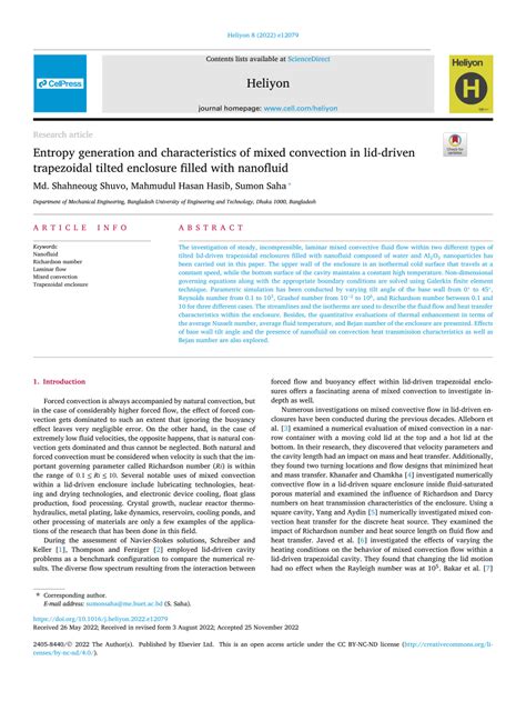Pdf Entropy Generation And Characteristics Of Mixed Convection In Lid