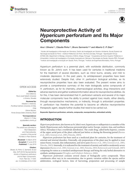 Pdf Neuroprotective Activity Of Hypericum Perforatum And Its Major Components