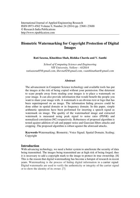 Pdf Biometric Watermarking For Copyright Protection Of Digital Images