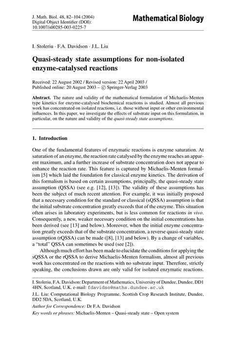 Pdf Quasi Steady State Assumptions For Non Isolated Enzyme Catalysed