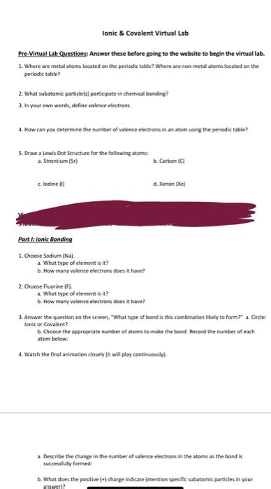 Solved Ionic And Covalent Virtual Lab Pre Virtual Lab