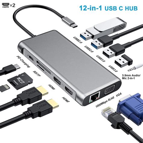 12 In 1 Usb Type C Hub Type C To 2 Hdmi 4k Vga Adapter Rj45 Lan Ethernet Sd Tf Pd Usb C 3 0 3