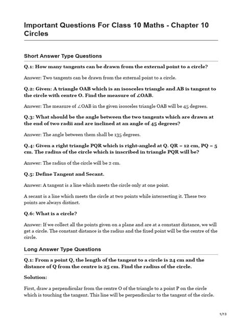 Class 10 Chapter 10 Maths Important Question Pdf Circle Perpendicular