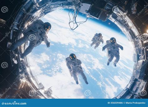 Astronauts Floating in Crystalline Space Station with Cosmos View Stock Illustration ...