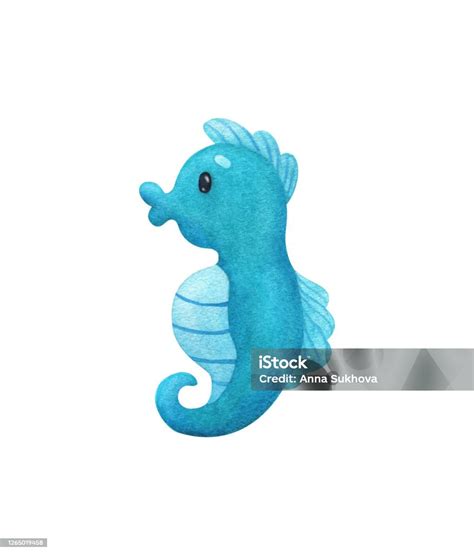 푸른 해마 바다 물고기의 만화 이미지 흰색 배경에 격리 된 수채화 그림입니다 어린이 스타일로 인쇄합니다 수채화에 대한 스톡 벡터 아트 및 기타 이미지 Istock