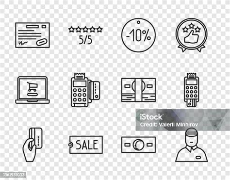 신용 카드 판매자 10 할인 퍼센트 태그 가격 텍스트 판매 보증 인증서 템플릿 Pos 단말기 종이 돈 현금 및 아이콘을 들고 세트 라인 손 벡터 아이콘에 대한 스톡 벡터