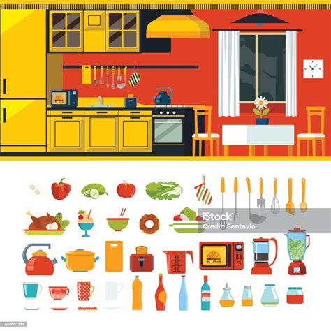 주방 인테리어 개체 생성자 템플릿 이랑 벡터 아이콘 설정합니다 평면 스타일 가구 액세서리 그림입니다 냉장고 창 양파 테이블의 자 가구 램프 주방 시계 창의적인 실내