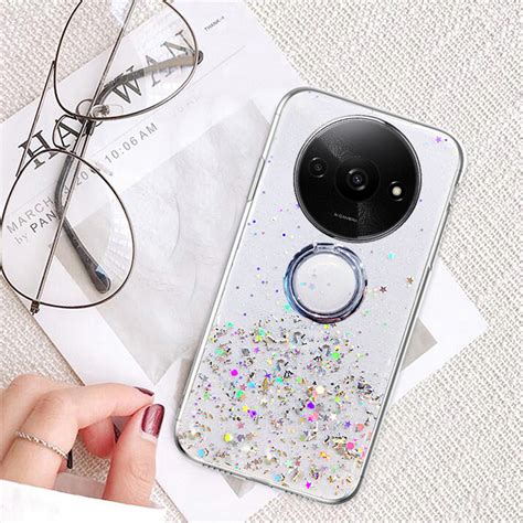 For Xiaomi Poco C Case Shiny Ring Glitter Soft Transparent Holder Stand Back Cover With Ring