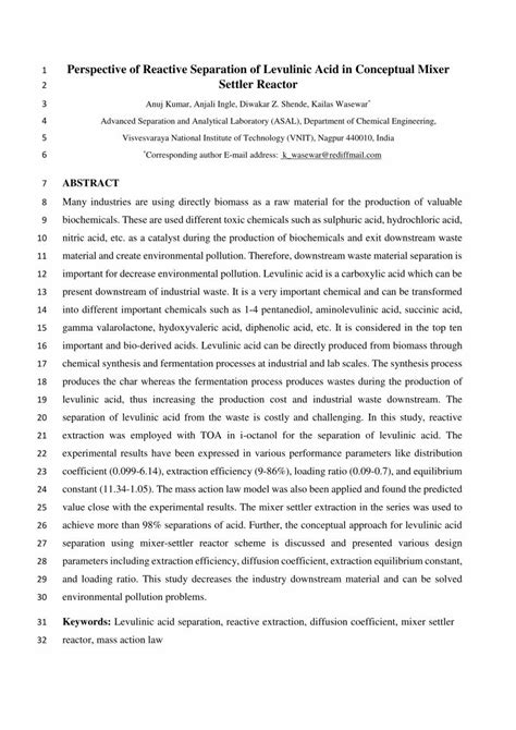 Pdf Perspective Of Reactive Separation Of Levulinic Acid In Dokumen