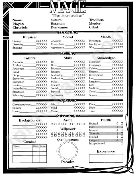 Mage The Ascension Character Sheet Printable Pdf Download