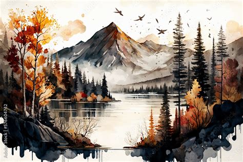 Watercolor Landscape With Mountains Forest And River In Front