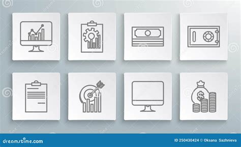 Set Line Document Clipboard With Graph Chart Target Computer Monitor Screen Money Bag And
