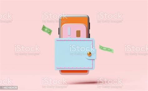 지갑과 오렌지 휴대 전화 지폐와 스마트 폰 분홍색 배경에 고립 된 신용 카드저축 돈 개념 3d 그림 3d 렌더링 3차원 형태에 대한 스톡 사진 및 기타 이미지 Istock