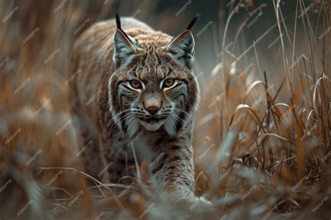 Premium Photo A Lynx In A Stealthy Prowling Stance