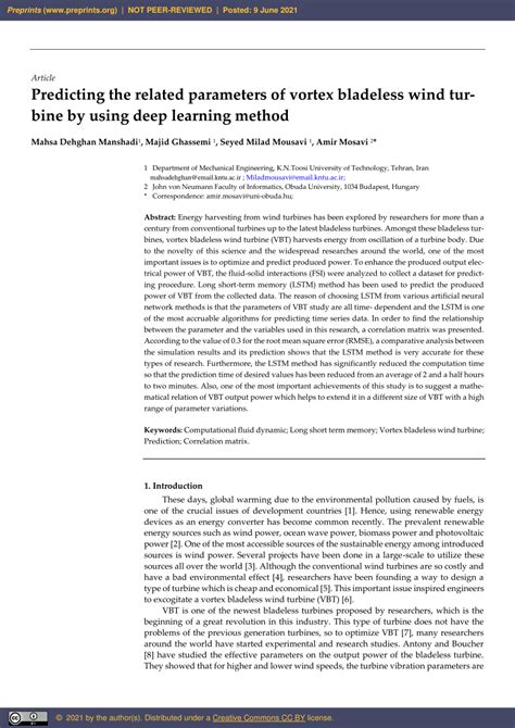 Pdf Predicting The Related Parameters Of Vortex Bladeless Wind Turbine Using Deep Learning Method