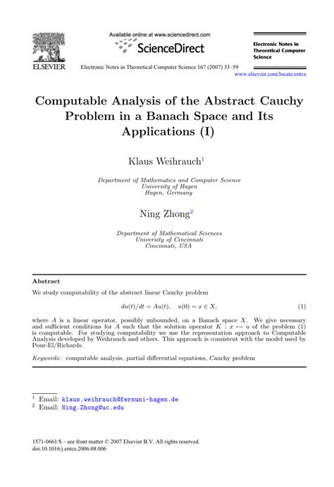 Pdf Computable Analysis Of The Abstract Cauchy Problem In A Banach Space And Its Applications I