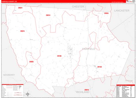 Fairfield County Sc Zip Code Wall Map Red Line Style By Marketmaps