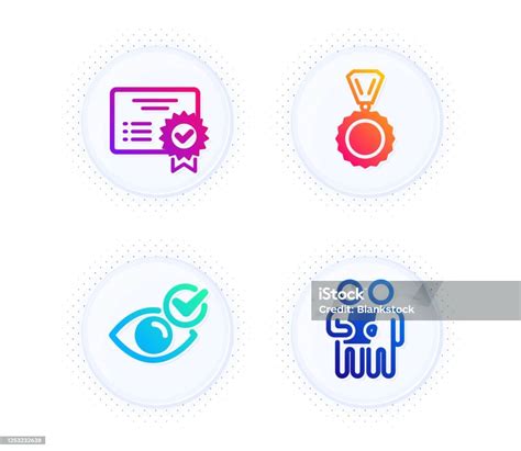 메달 인증서 및 눈 아이콘 설정 확인 설문조사 기호입니다 우승자 검증된 문서 비전 계약 벡터 검안에 대한 스톡 벡터 아트 및 기타 이미지 Istock