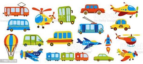 유치한 운송 귀여운 만화 기차 택시 자동차 비행기 비행선 열기구 재미있는 플랫 도로 차량 장난감 낙서 스타일 세트 벡터 격리 컬렉션 교통에 대한 스톡 벡터 아트 및 기타