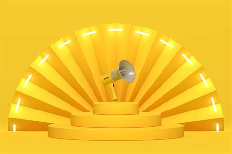 노란색 종이 팬 앞에 조명이 켜진 빈 제품이 서 있습니다 노란색 연단과 최소한의 추상적 배경 3d 렌더링 기하학적 모양 현대 웹 사이트에서 상을위한 무대 0명에 대한 스톡