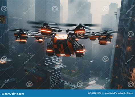 Observe A Fleet Of Autonomous Cargo Drones Stock Illustration Illustration Of Traffic