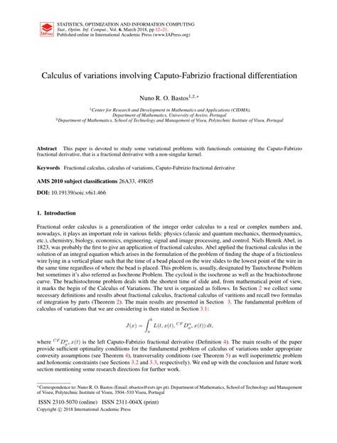 Pdf Calculus Of Variations Involving Caputo Fabrizio Fractional Differentiation